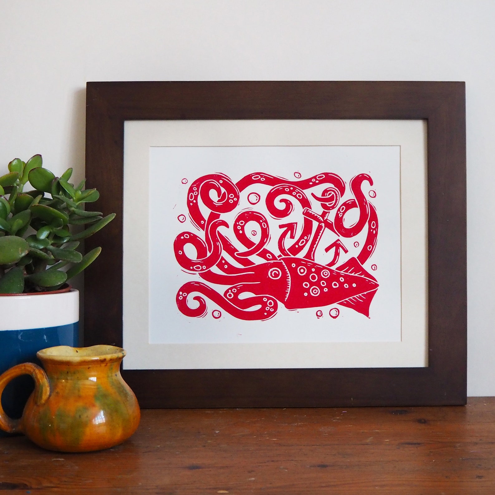 Sea Monster Squid Linocut Print Animal Poster Letterpress - Etsy