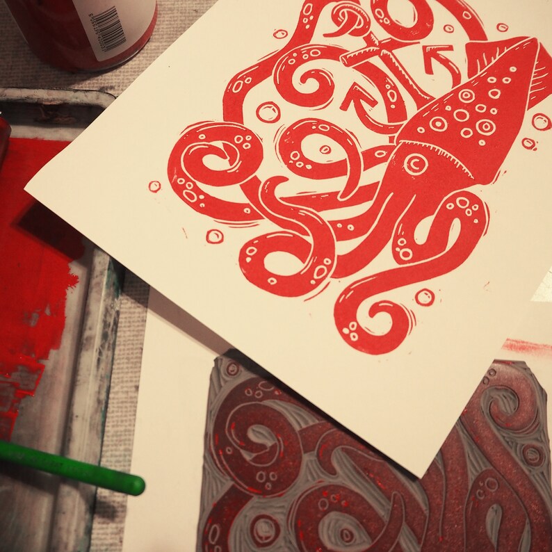 Sea Monster Squid Linocut Print Animal Poster Letterpress - Etsy