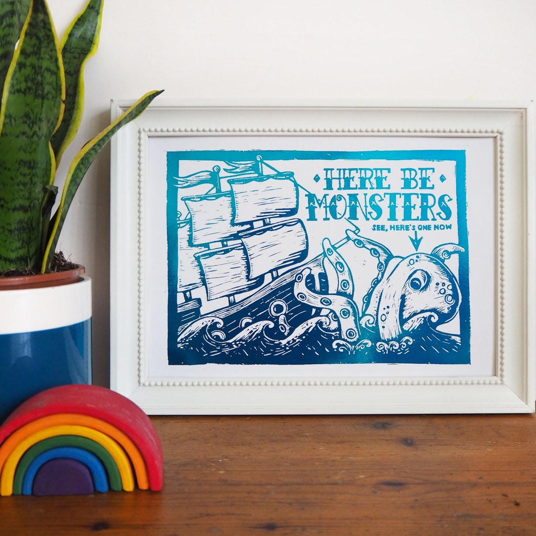 Foil Sea Monster Linocut Print: Pirate Ship Nautical Art (A4) - Etsy