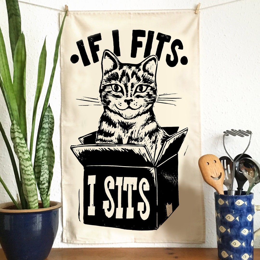 If I Fits Tabby Cat Tea Towel From Linocut, 100% Cotton Kitchen Towel ...