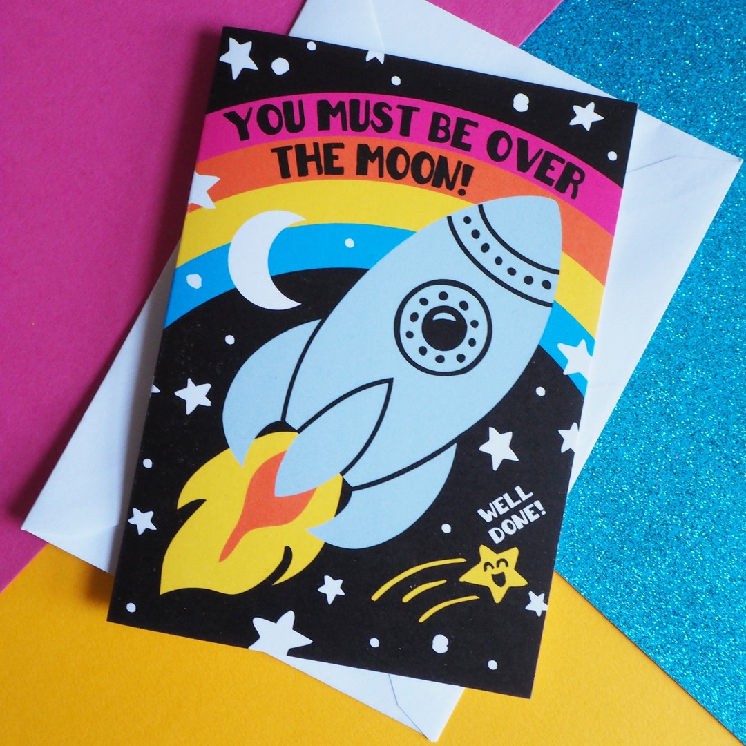 Retro Rainbow Rocket Over the Moon Congratulations Card A6 Size - Etsy