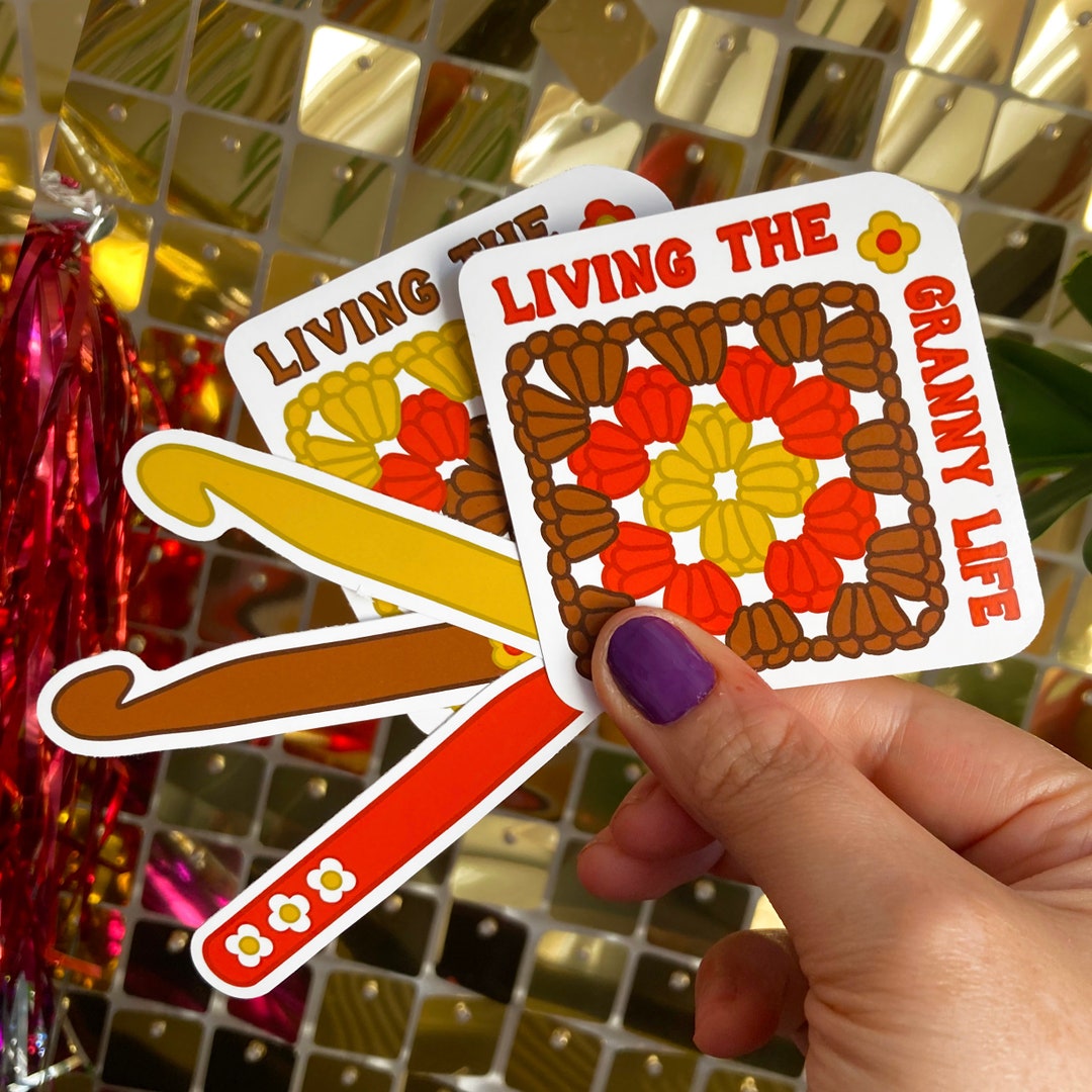 Vinyl Sticker Set - 5x Crochet Granny Square Life and Hooks, Laptop ...