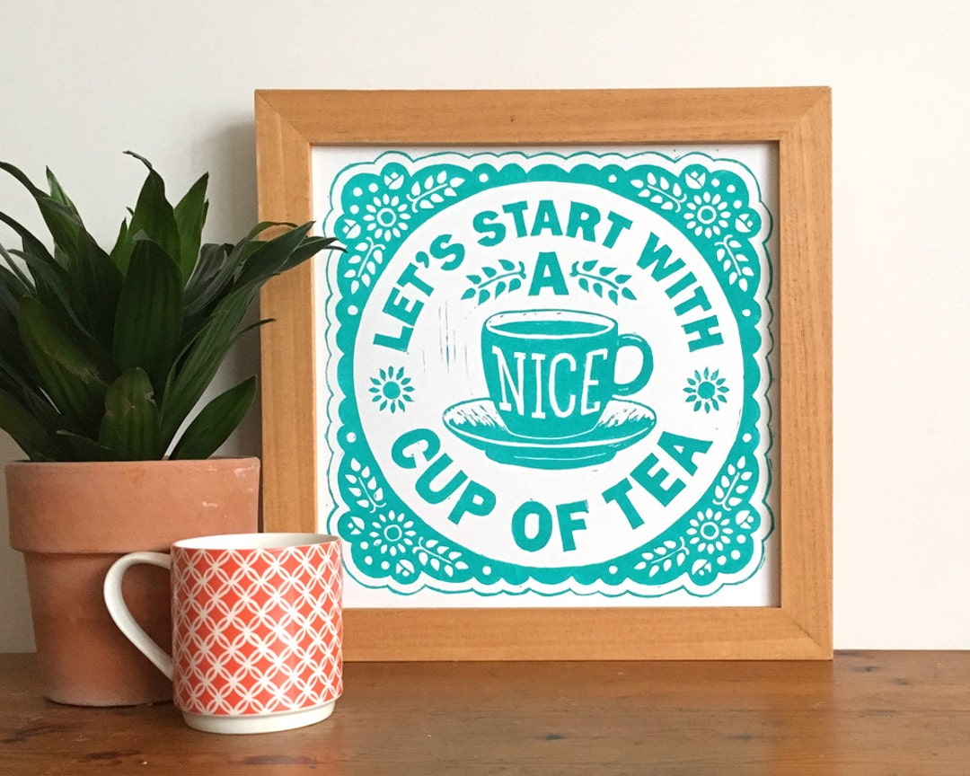 Cup of Tea Linocut Print: Cottage Kitchen Art - Etsy UK