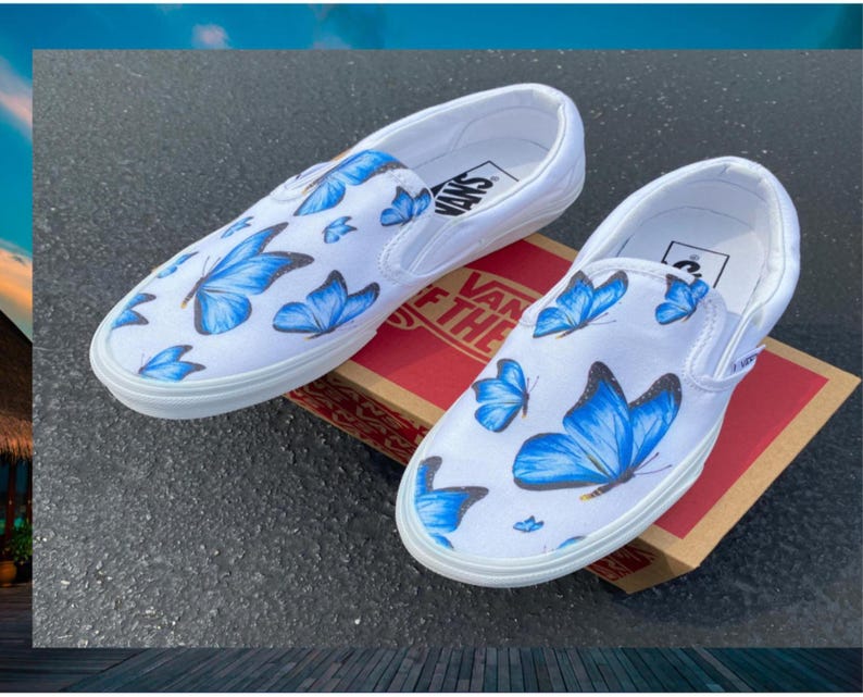 Blue Butterfly White Slip on Vans Custom Vans Shoes - Etsy
