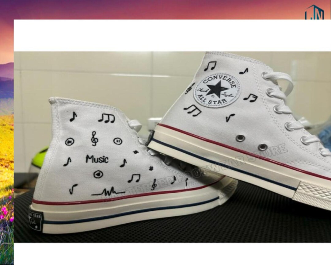 Music Notes Embroidered Converse High Tops, Embroidered Converse - Etsy