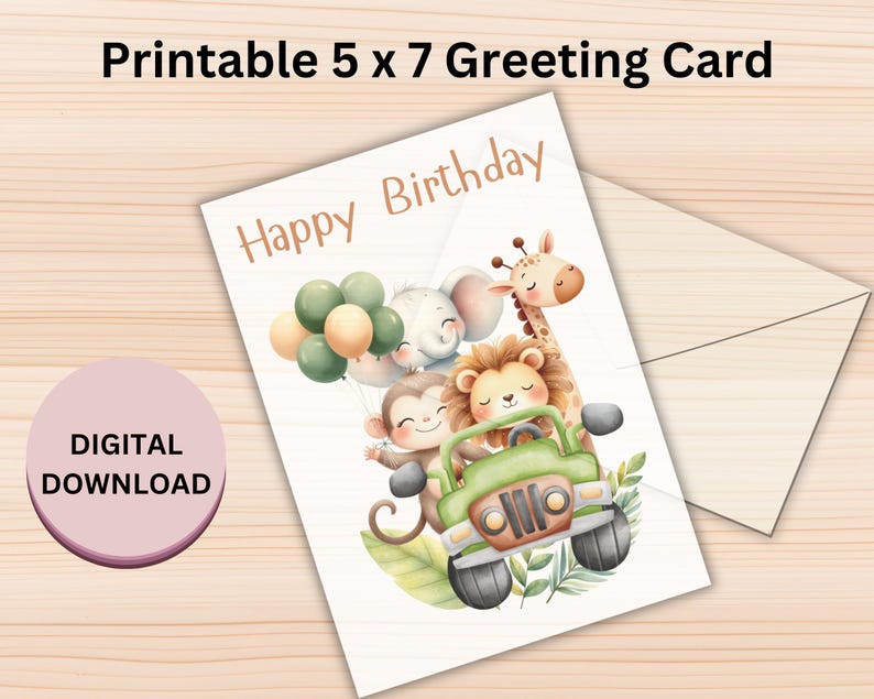Printable Kids Birthday Card, Downloadable Safari Theme Card for Child ...