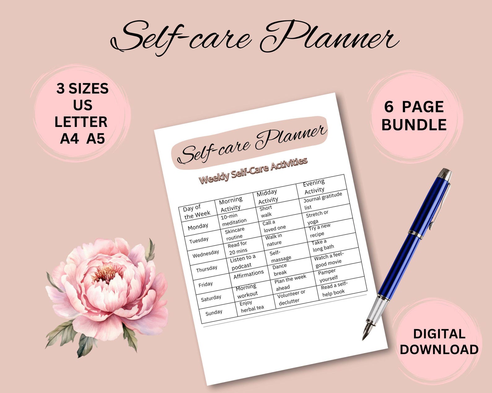 Self-care Printable Planner, Downloadable Wellness Habit Tracker ...