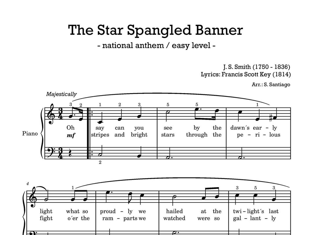 The Star Spangled Banner - Easy Piano Sheet Music (digital Download ...