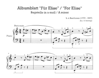 Fur Elise (beethoven) Easy Piano Sheet Music, Digital Downloadable ...