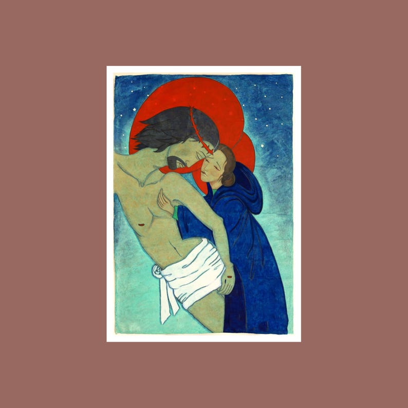 Jesus and Mother Mary Glass Painting, the Lamentation Crucifixion Art ...