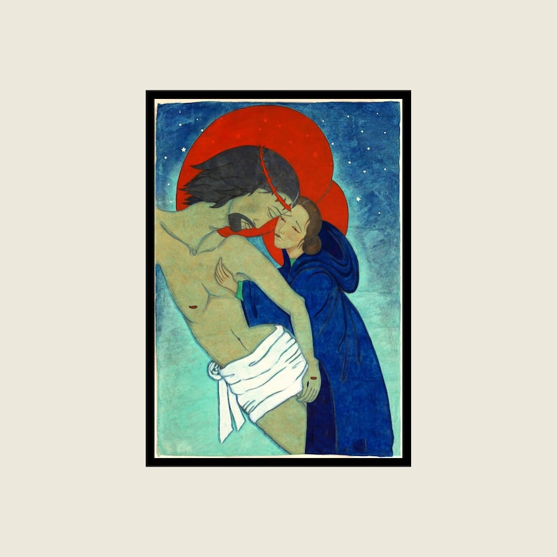 Jesus and Mother Mary Glass Painting, the Lamentation Crucifixion Art ...