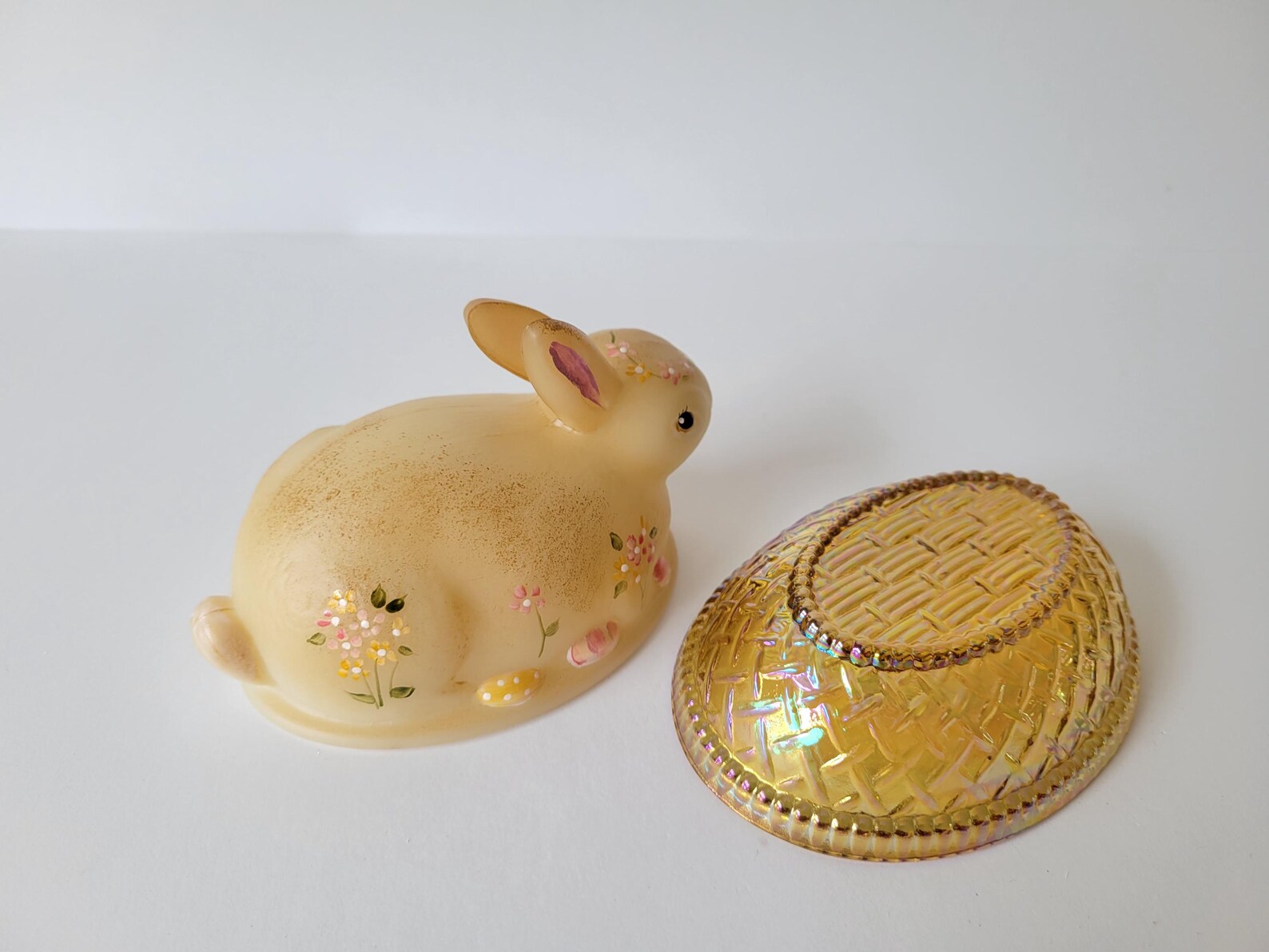 Fenton Baby Bunny Glass Box Amber Brown Hand-painted Floral Design ...