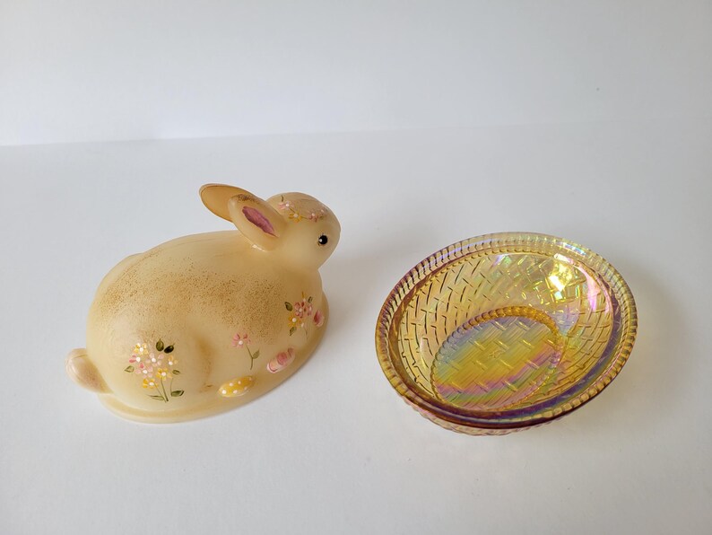 Fenton Baby Bunny Glass Box Amber Brown Hand-painted Floral Design ...