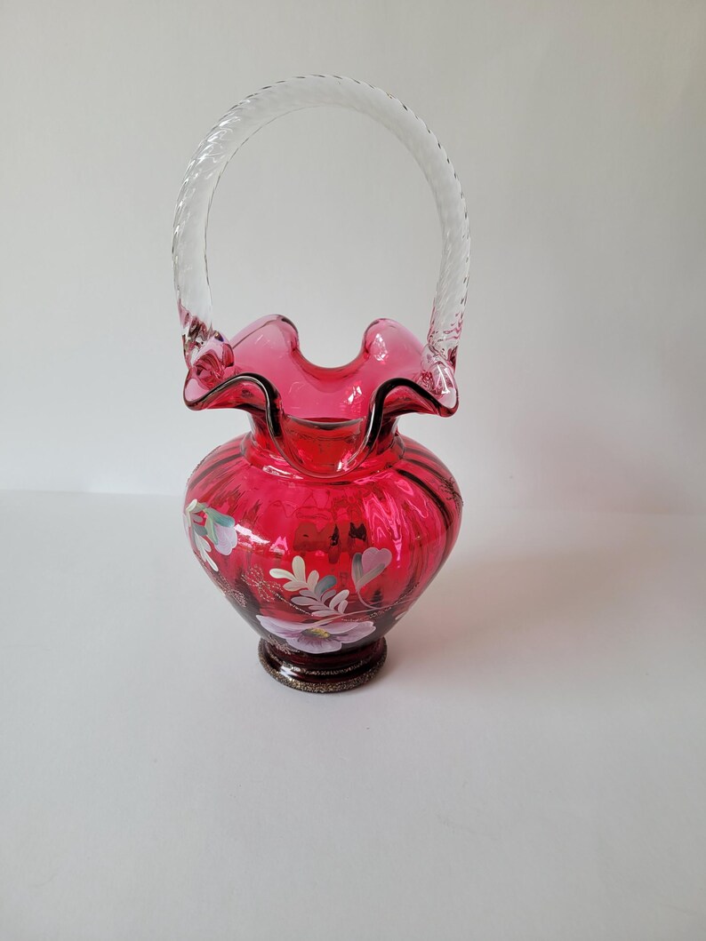Fenton Red & Clear Glass Basket | Hand-painted Floral Design | Glass ...