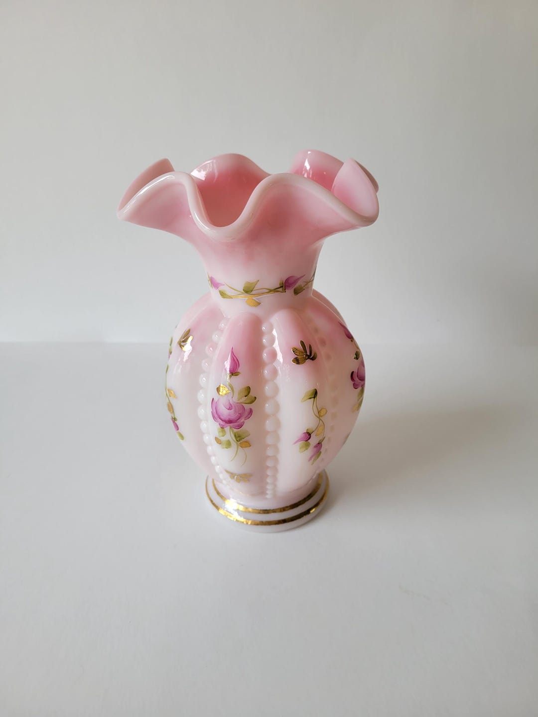 Fenton Pink Melon Vase | Floral Design | Hand-painted by K. Everson ...