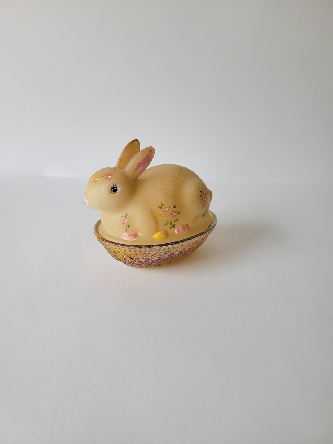 Fenton Baby Bunny Glass Box Amber Brown Hand-painted Floral Design ...