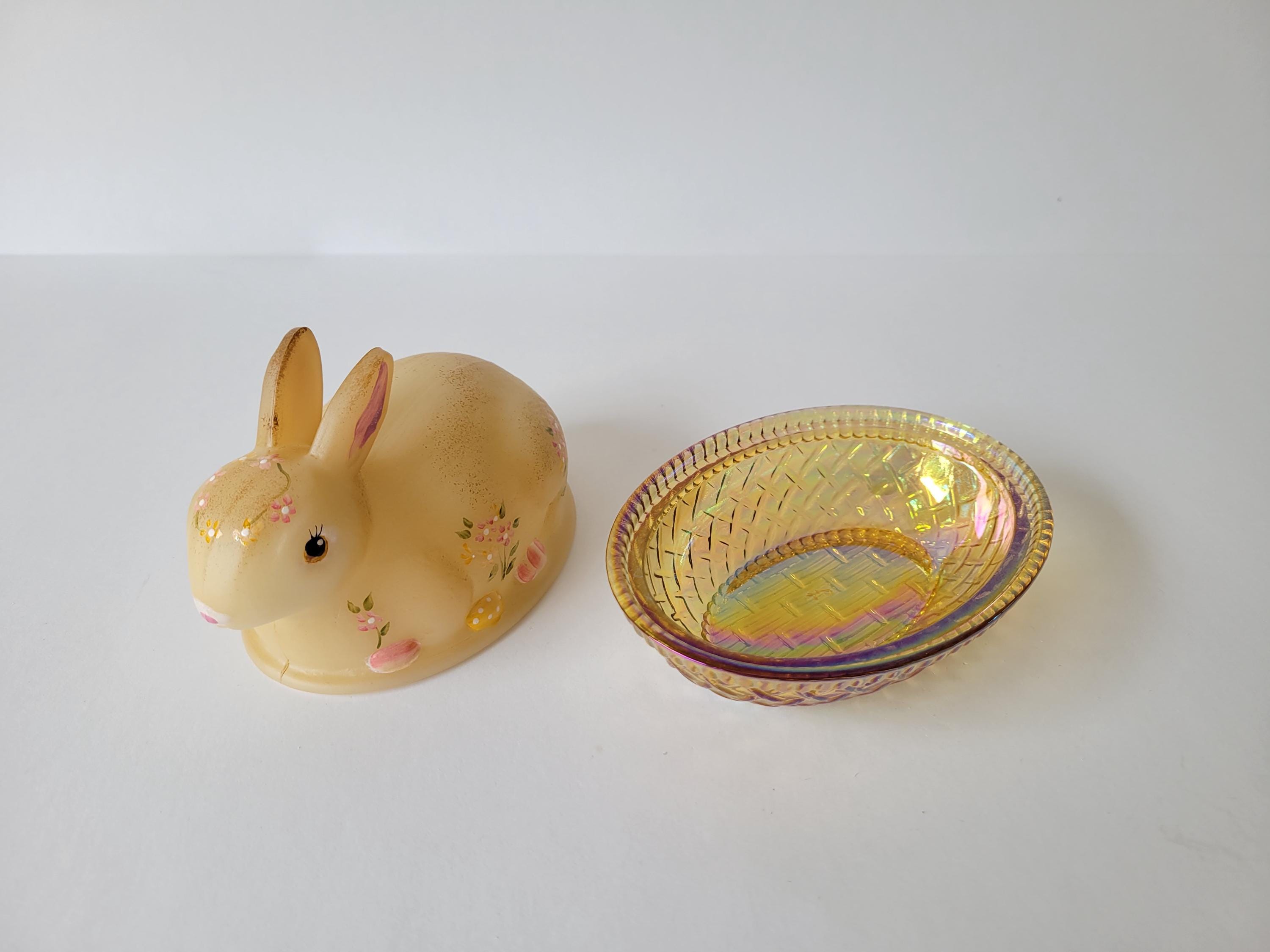 Fenton Baby Bunny Glass Box Amber Brown Hand-painted Floral Design ...