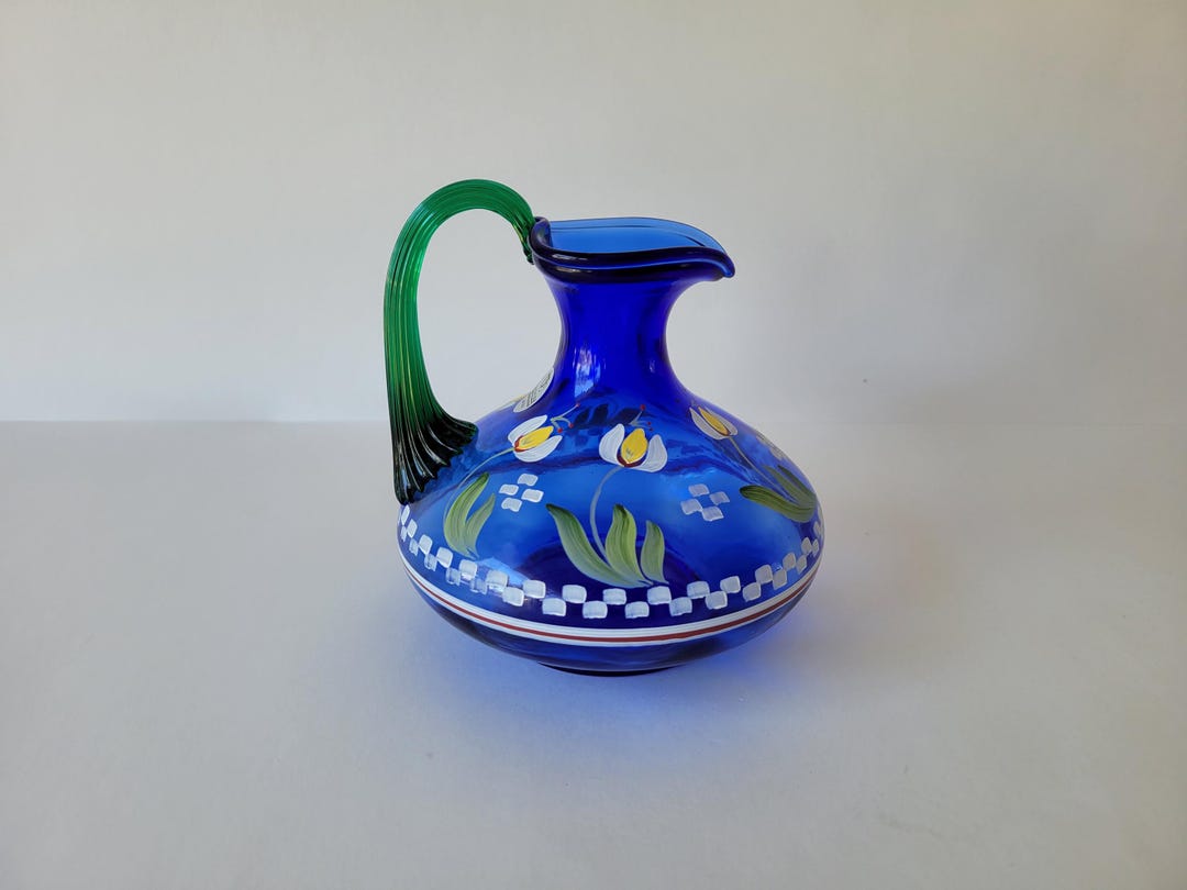 Fenton Blue Glass Pitcher Hand-painted Flowers 2001 Designer Showcase ...