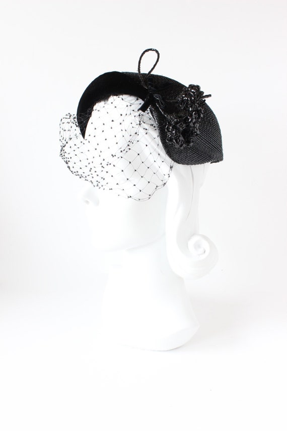 Vintage 1940s Black Veiled Casque Hat - Gem