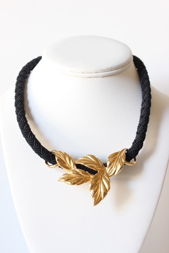 Vintage Black Braided Cord & Gold Leaves Necklace - Gem
