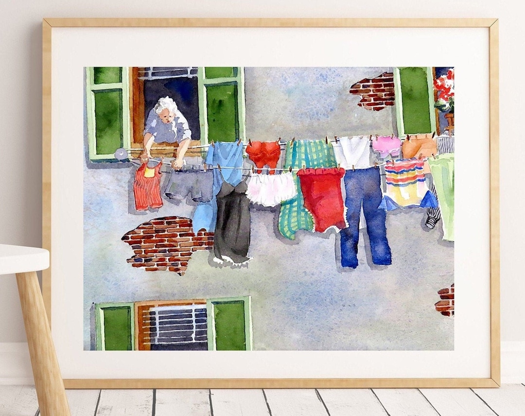 Artwork Laundry Outside on Laundryline Italian Print, Watercolor ...