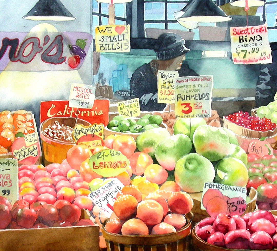 Seattle Fruit Stand Print, Red Apple Art, Peach Art Print, Red Fruit ...