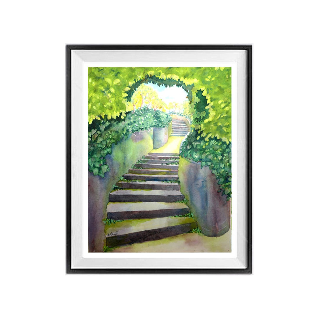 Garden Stair Wall Decor, Landscape Garden Art Print Green Leaf Hedge ...