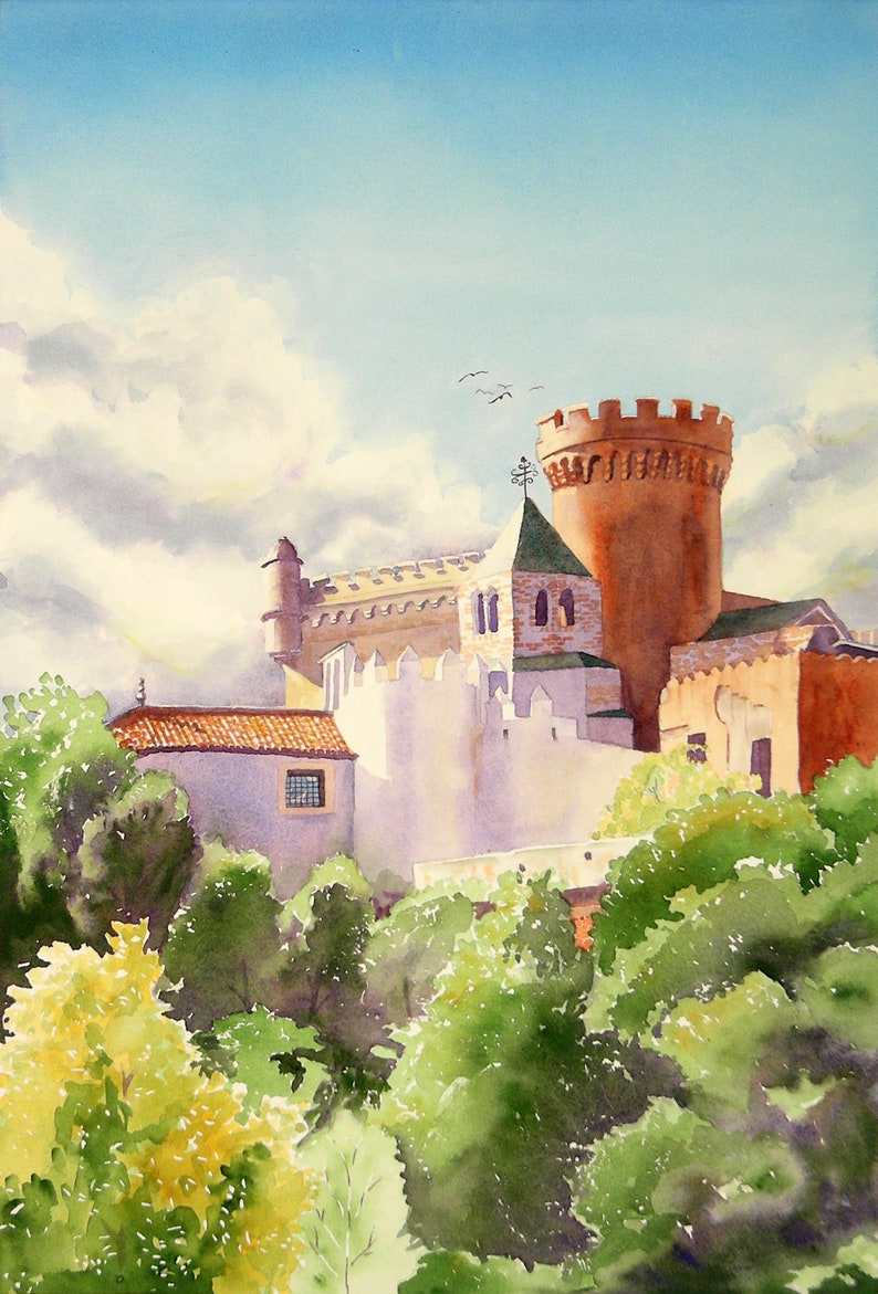 Original Watercolor Painting Castle Art Spanish Castle | Etsy