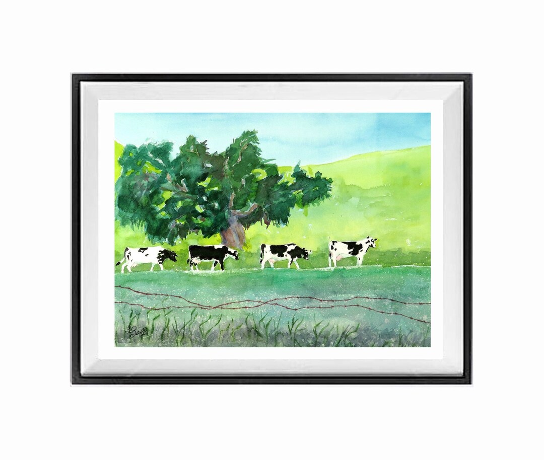 Original Cow, Black and White, Art Watercolor, Farm Field Illustration ...
