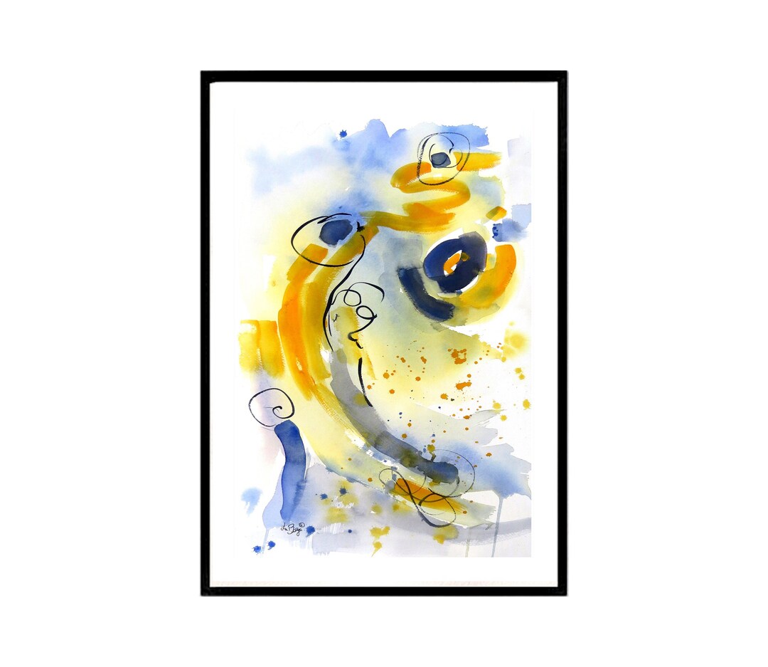 Blue Yellow EXPRESSIVE Water Painting Abstract, Original Watercolor ...