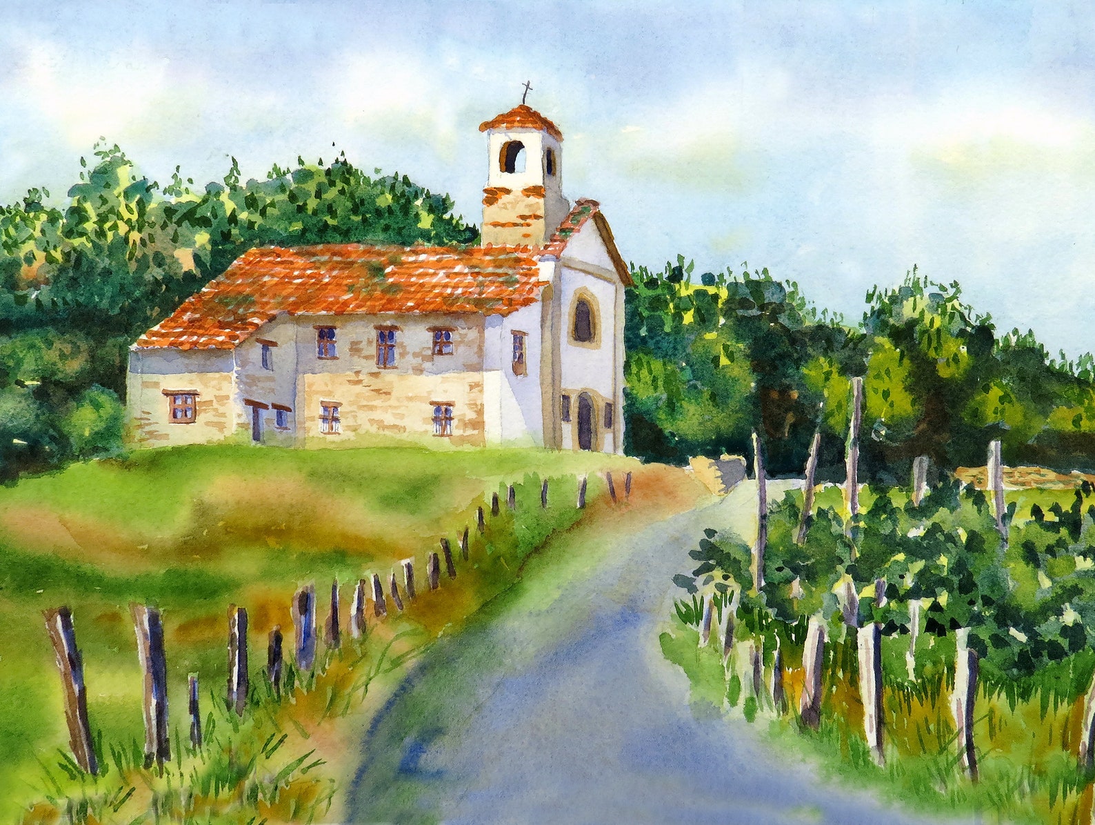 Church Art Prints Blue Church Painting Watercolor Church - Etsy