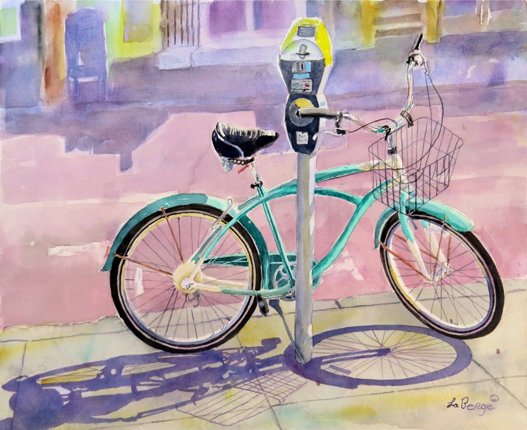 Bike Travel, Teal Bicycle, Wal Art Decor Print, Bike Illustration, Watercolor Picture, Bike ...