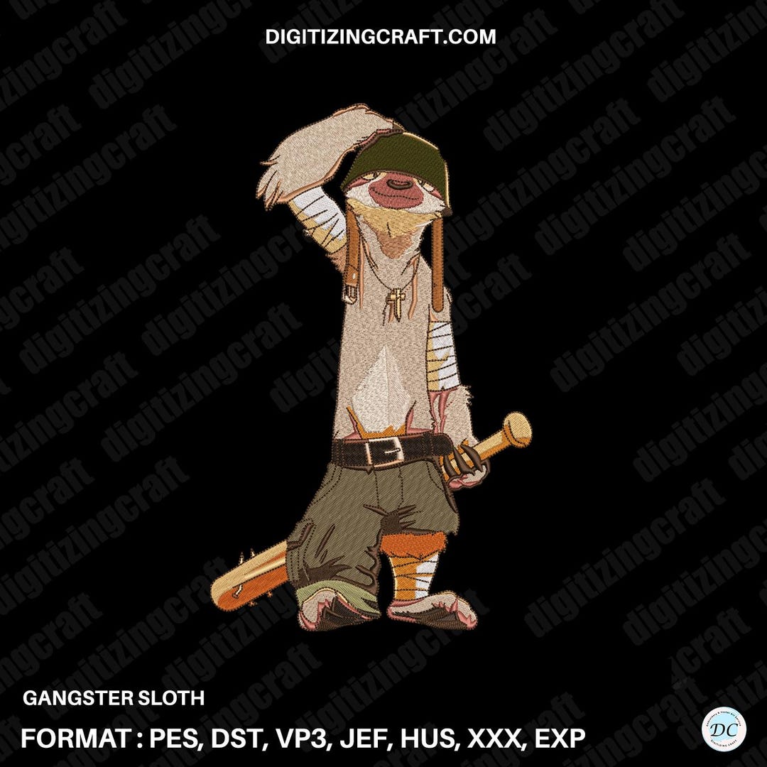 Gangster Sloth Embroidery Design | Cool Cartoon Sloth With Bat Machine ...