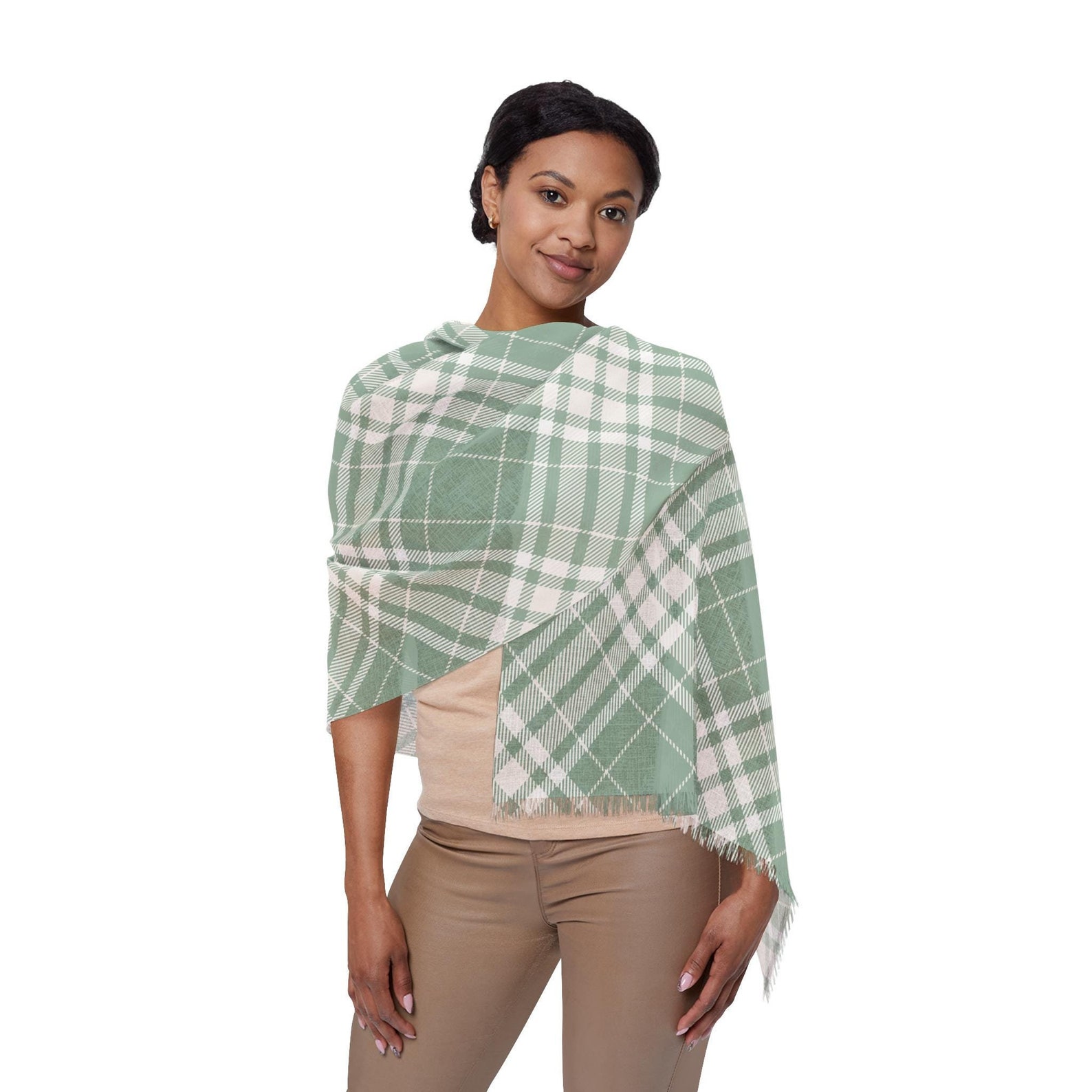 Lightweight Sage Green Plaid Scarf With Fringe – Soft Pashmina Wrap for ...