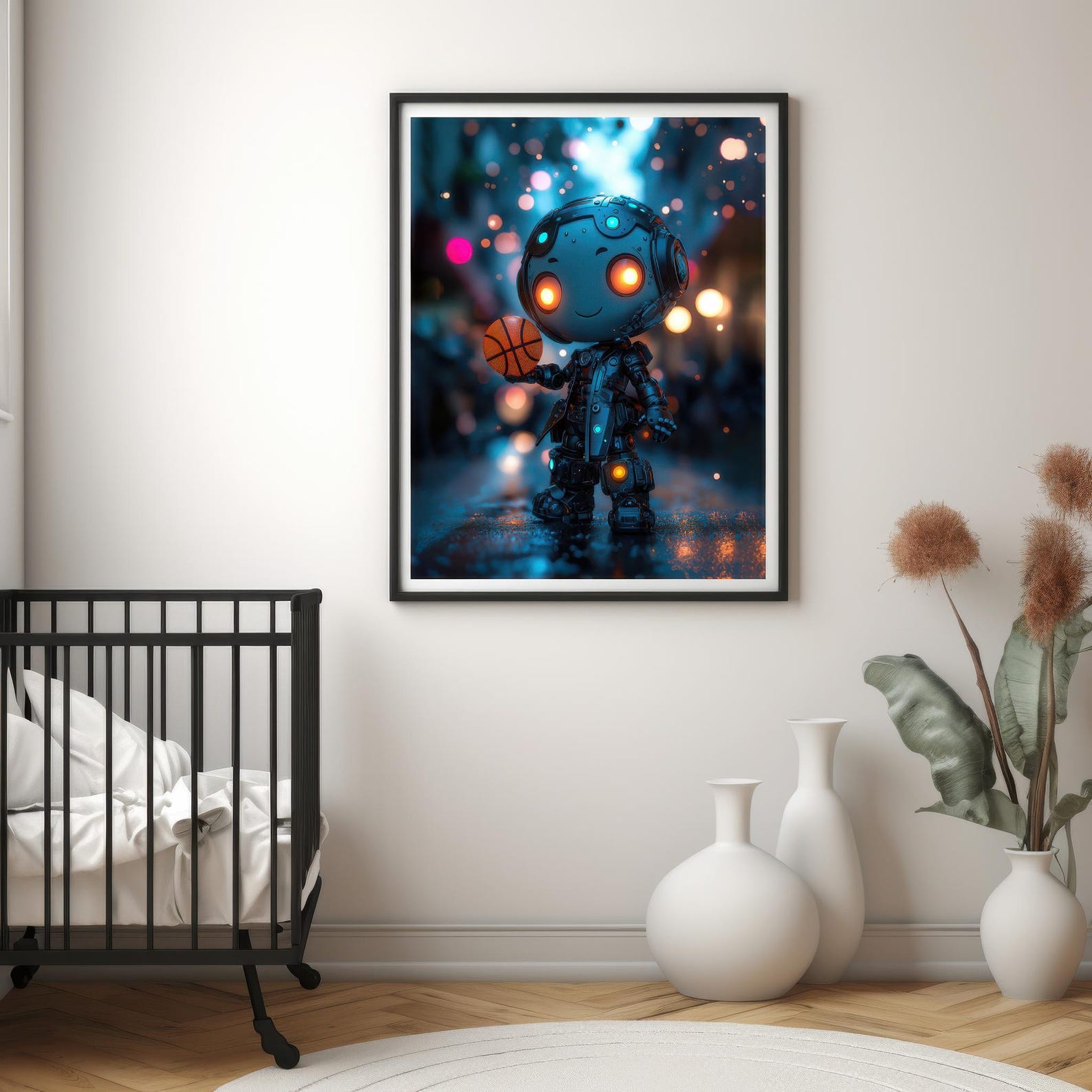 Hoop Bot Basketball Cute Robot Wall Art, Boy's Bedroom, Sci-fi Cyber ...