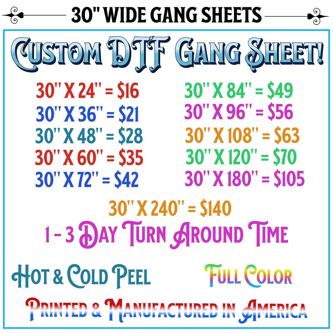 30 Inch DTF Gang Sheet, Full Color Transfer, Ready to Press Heat ...