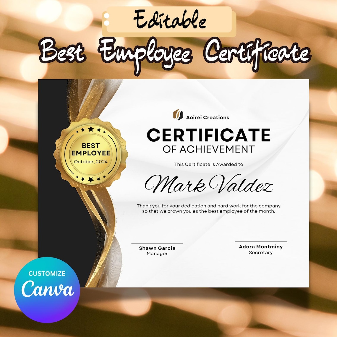 Certificate of Achievement Template, Editable Training Certificate ...