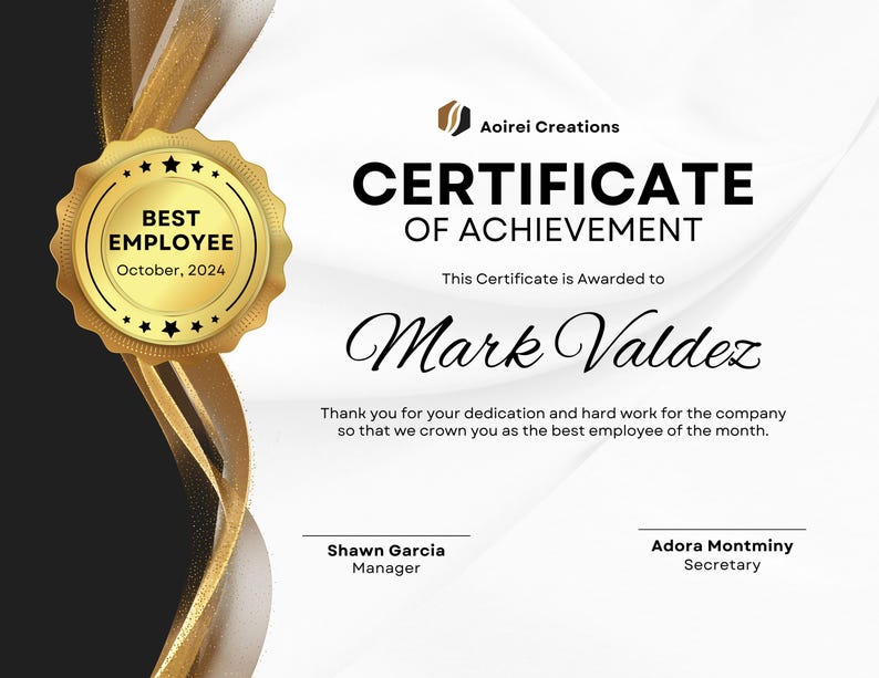 Editable Certificate of Achievement Template: Employee Recognition ...