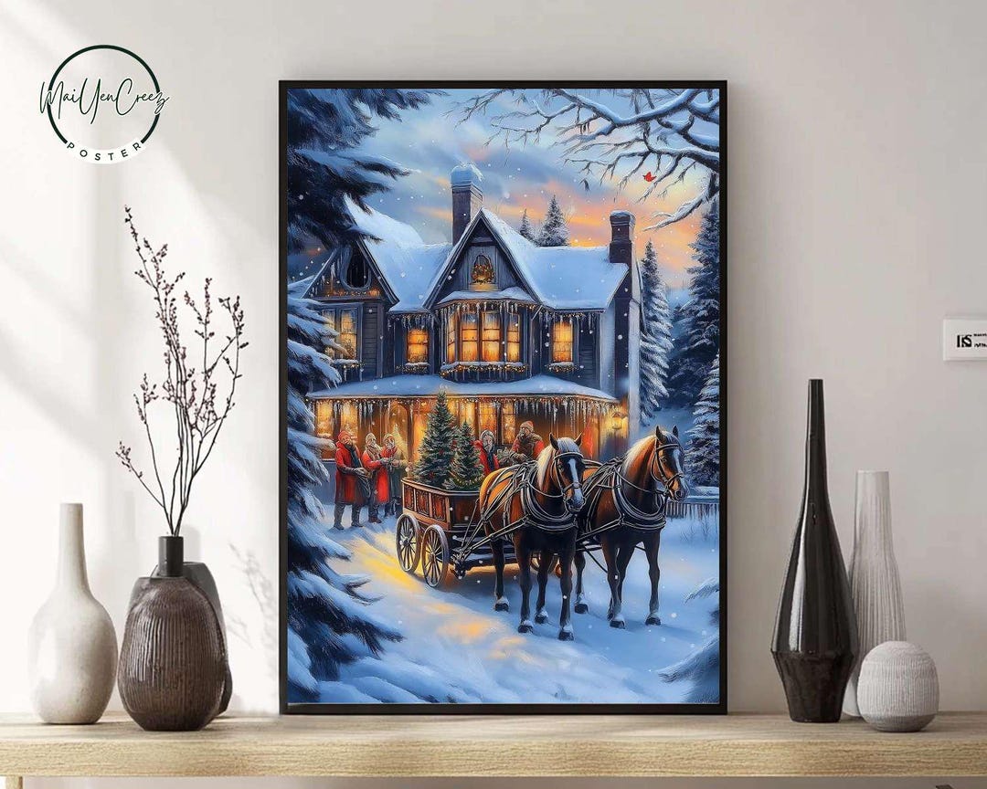 Vintage Christmas Scene Poster Decor, Christmas Poster, Family ...