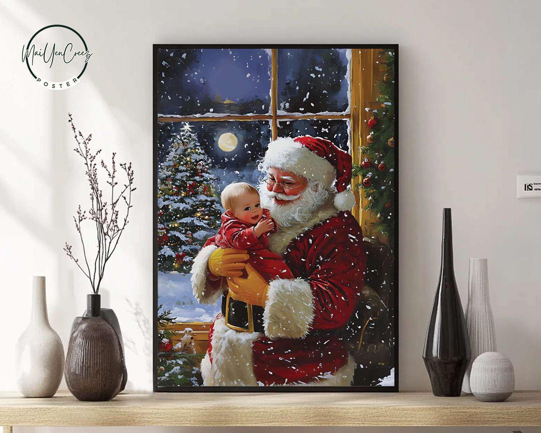 Vintage Santa and Baby Christmas Painting Wall Art, Christmas Poster ...
