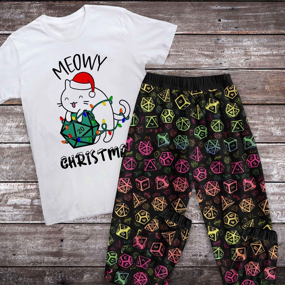 Meowy Dnd Holiday Pajama Set, Cute Cat Dnd Christmas Pajamas for Adults ...