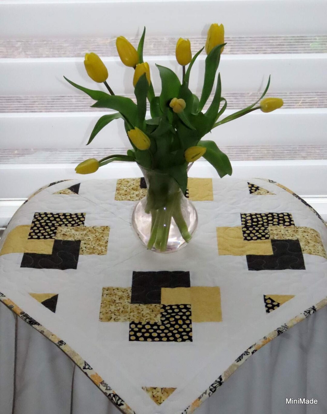 Table Topper, Pieced Wall Hanging, Card Trick, White Yellow Black Grey ...