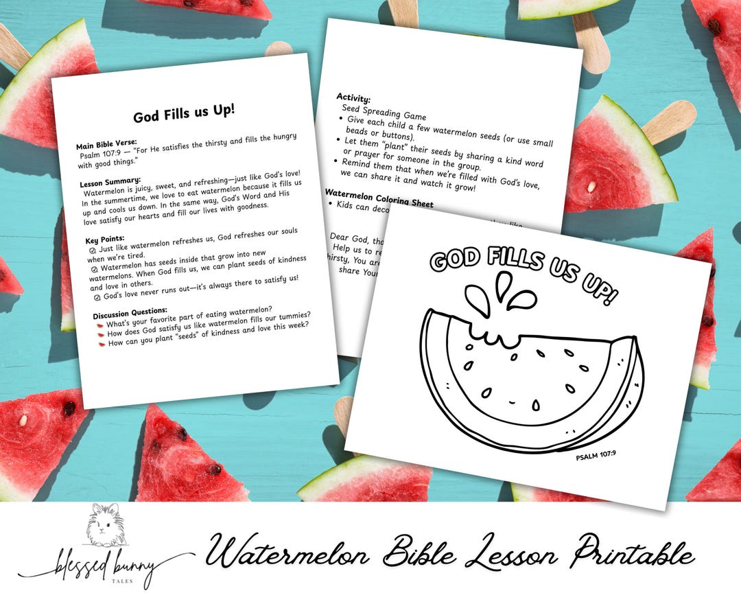 3-page Printable Watermelon Bible Lesson & Coloring Page | Summer VBS ...
