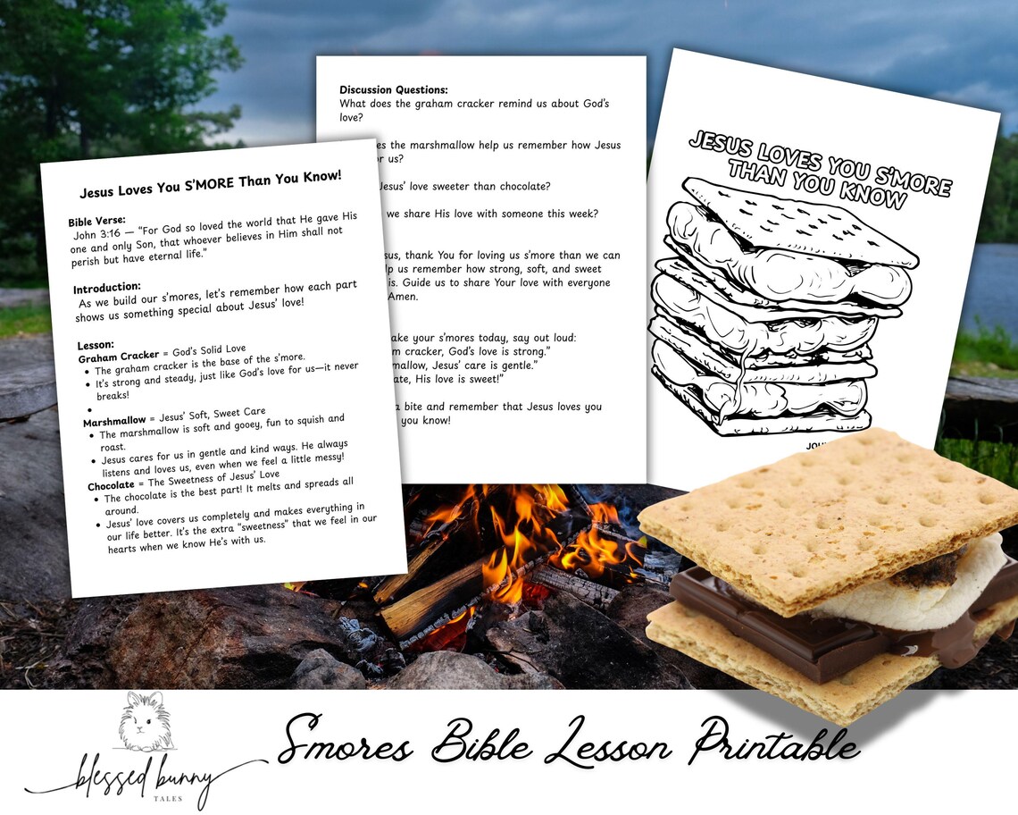 3-page Printable Smores Bible Lesson Coloring Page | Camp VBS, Fireside ...