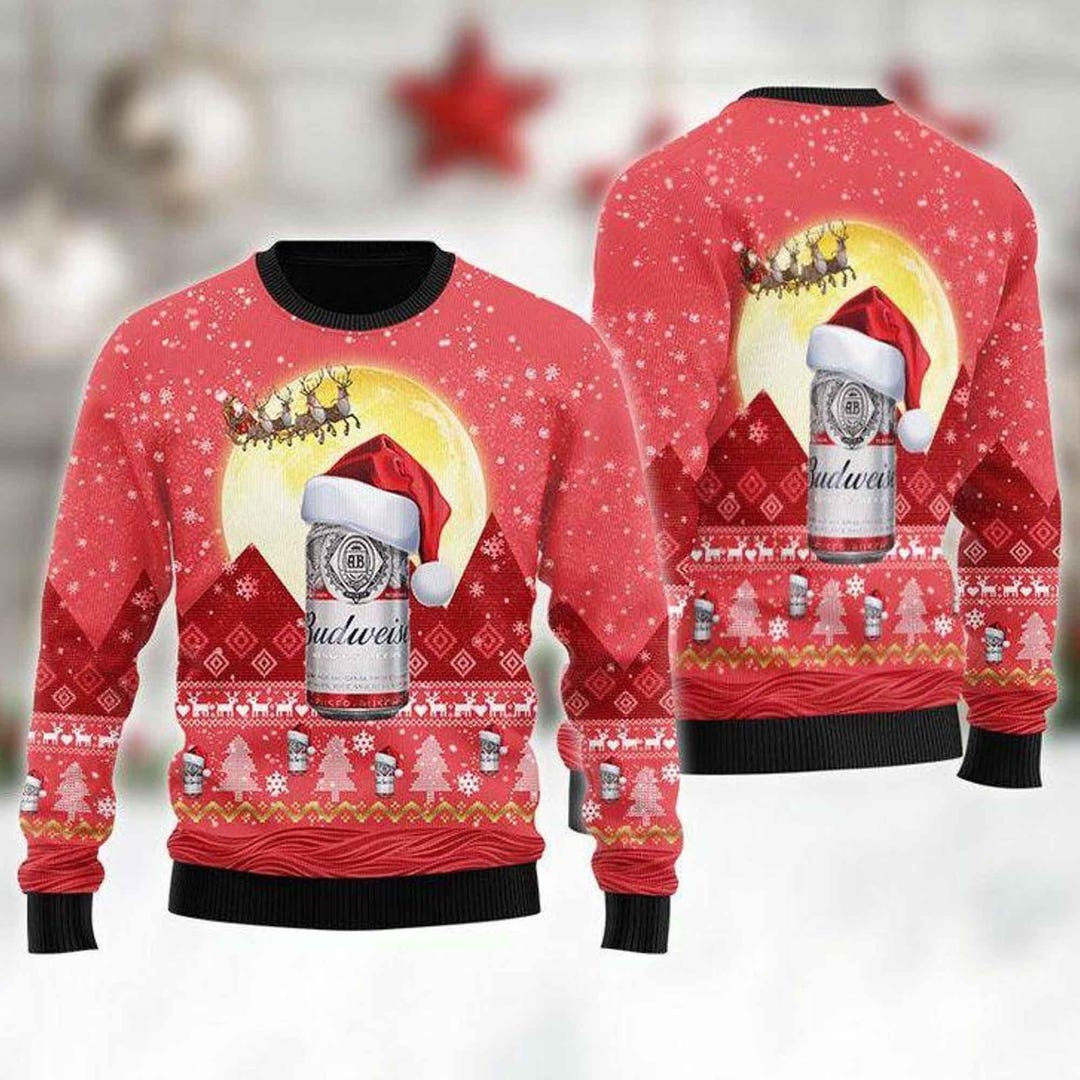Santa Claus Sleigh Budweiser Ugly Sweater, Holiday Beer Xmas Sweater ...