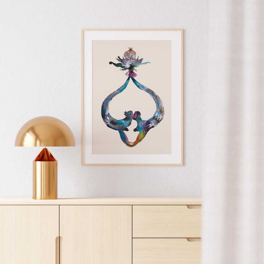 Watercolor Lovers Print – Two Mermaids Forming a Flower, Romantic ...