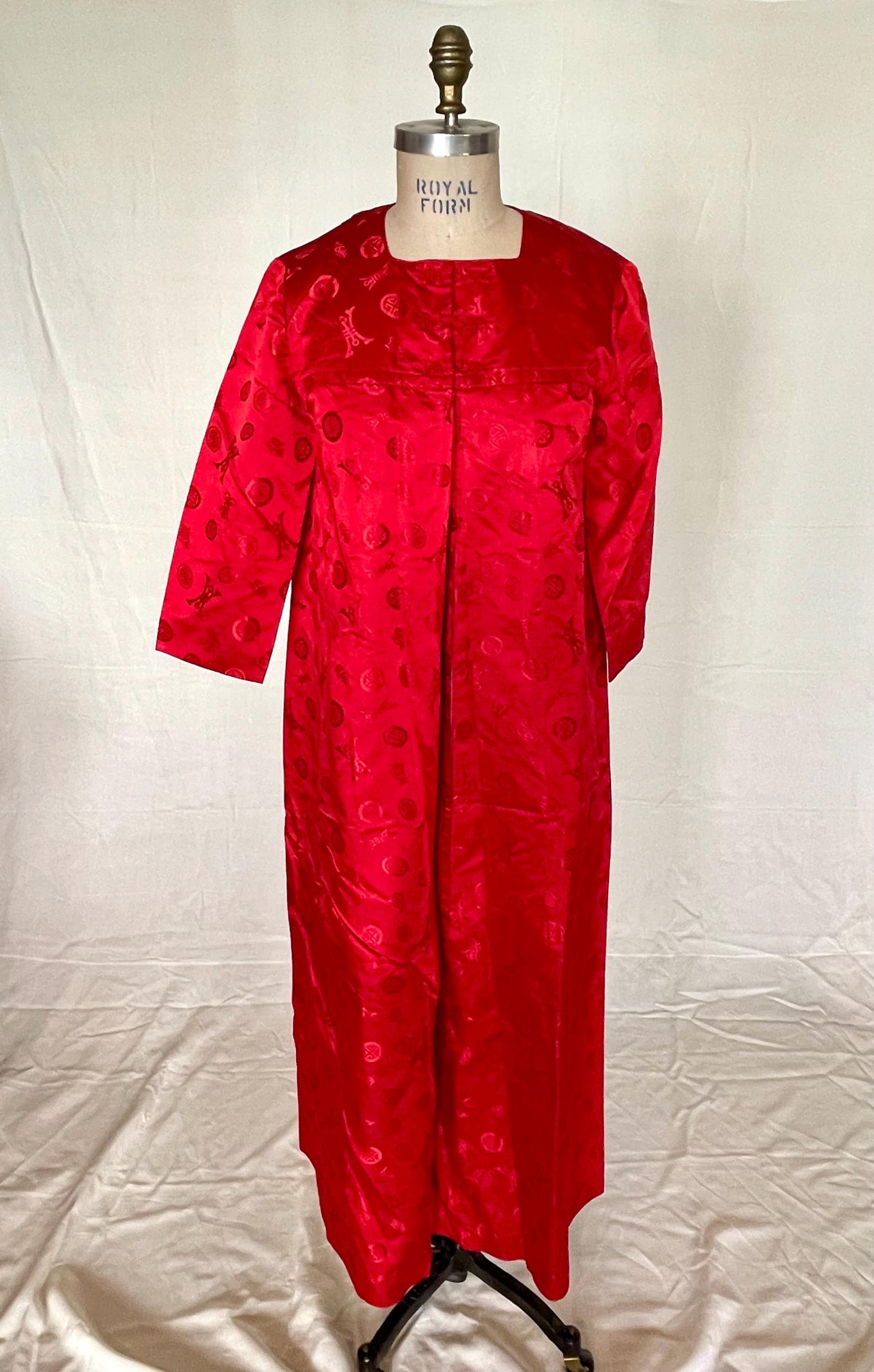 1970s Hong Kong Red Silk House Coat, Long Tea House Robe, Cherry Red ...