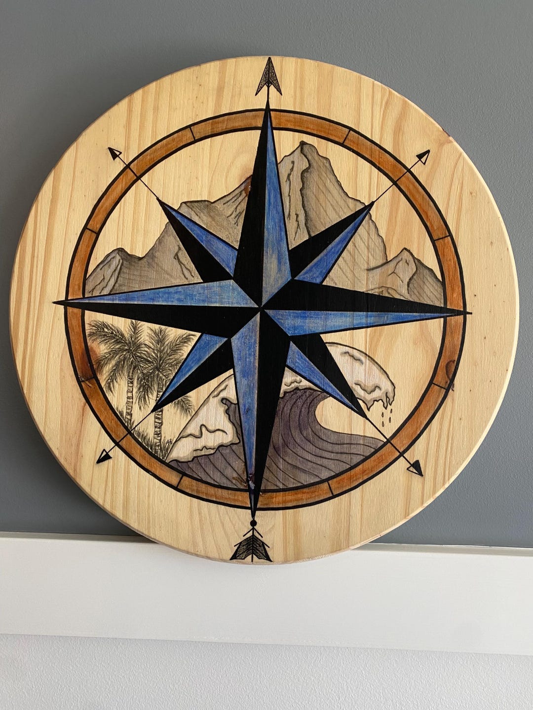 18x18 Wooden Compass Rose Hanging Wall Art, Original Artwork, Hand ...