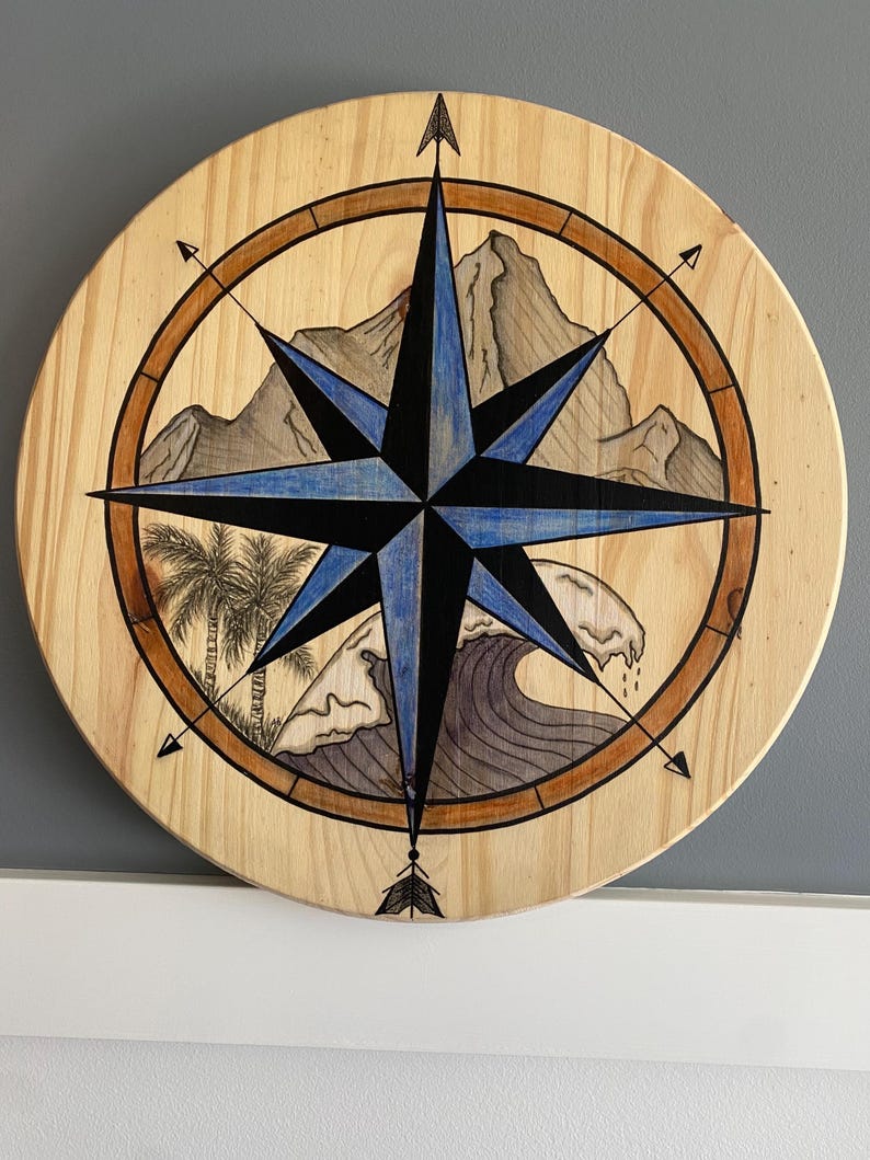 18x18 Wooden Compass Rose Hanging Wall Art, Original Artwork, Hand ...