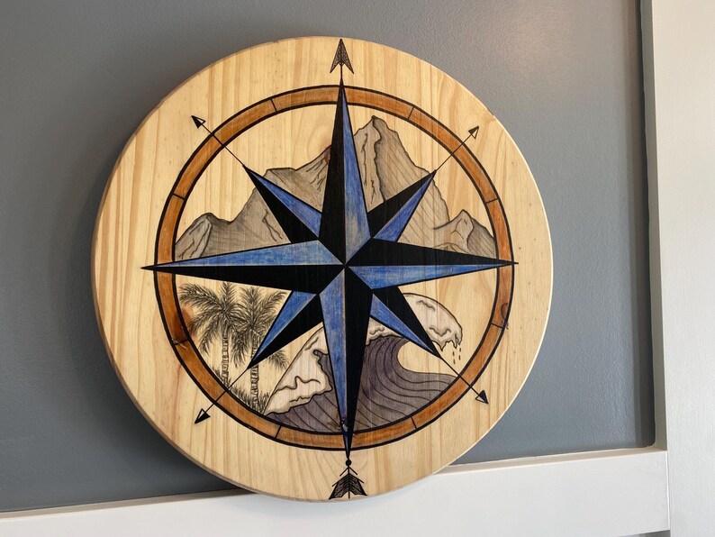18x18 Wooden Compass Rose Hanging Wall Art, Original Artwork, Hand ...
